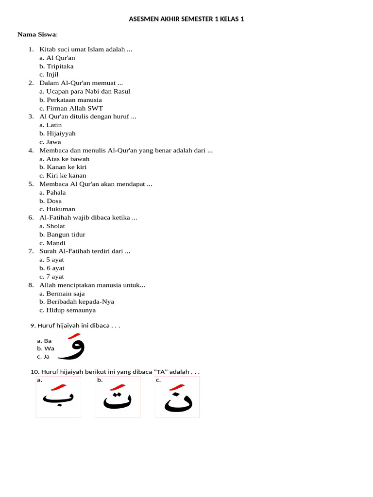 Soal UAS PAI Sem 1 Kls 1 2024-2025 | PDF