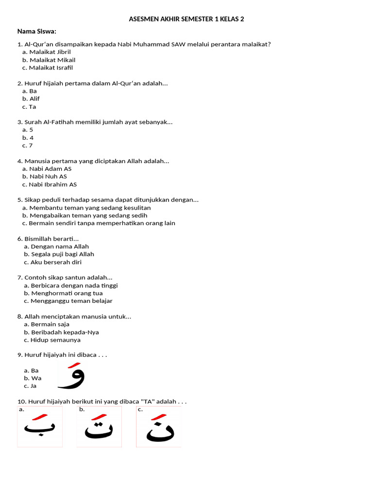 Soal UAS PAI Sem 1 Kls 2 2024-2025 | PDF