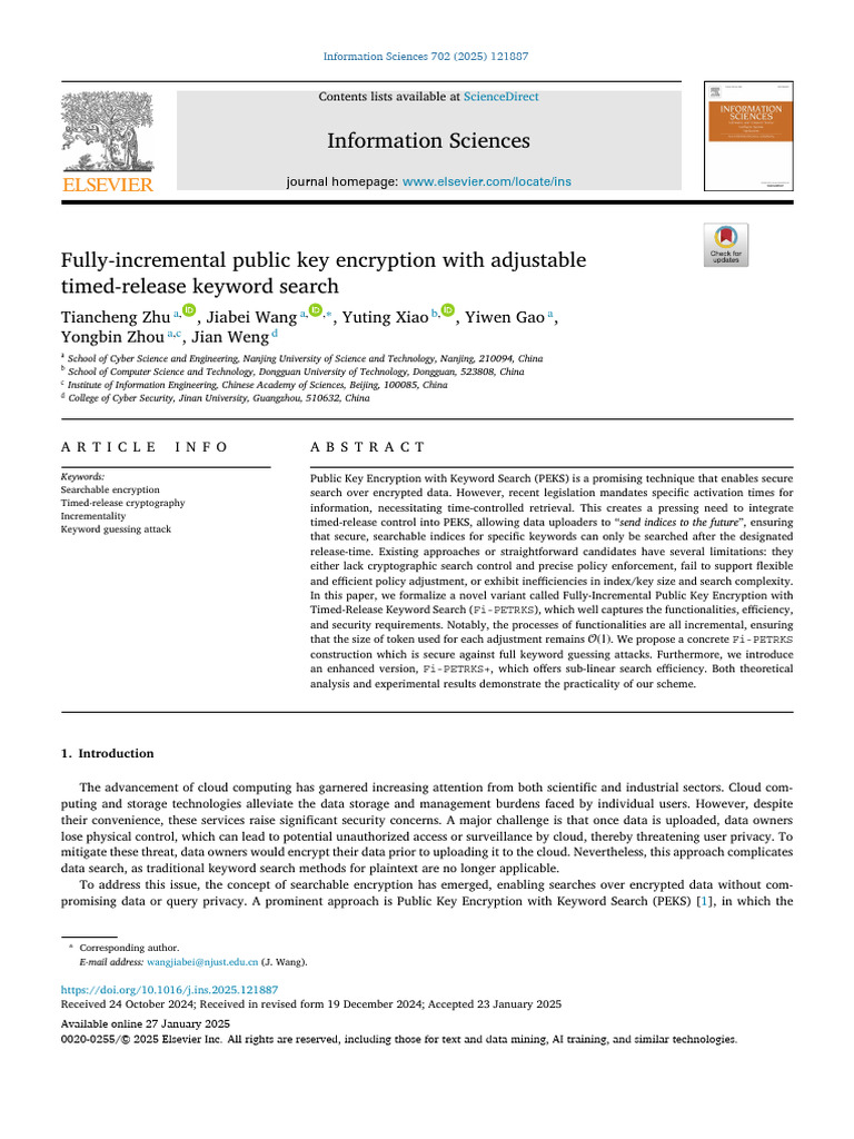 Fully Incremental Public Key Encryption With Adjustable T - 2025 - Information S | PDF ...