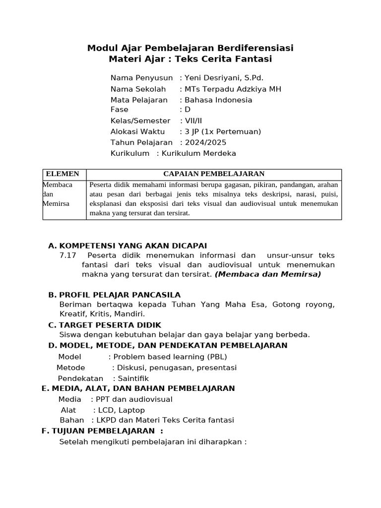 683642359 Modul Berdiferensiasi Bindo Kls 7 Kurikulum Merdeka | PDF