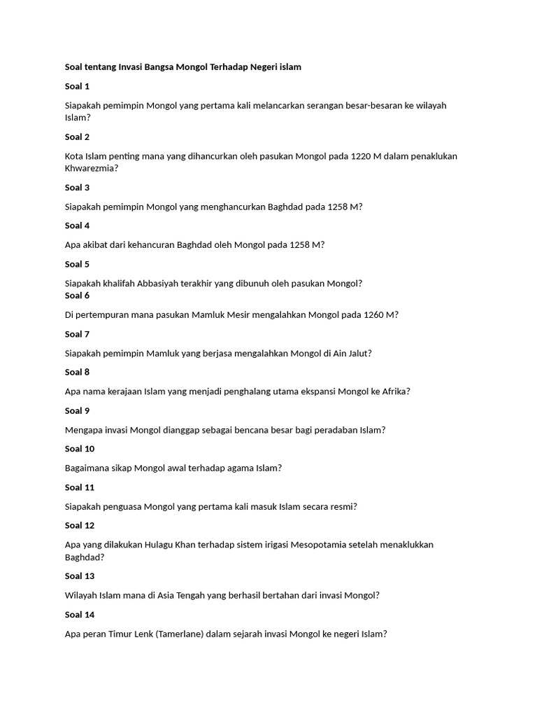 Soal - Tentang Invasi Bangsa Mongol Terhadap Negeri Islam | PDF