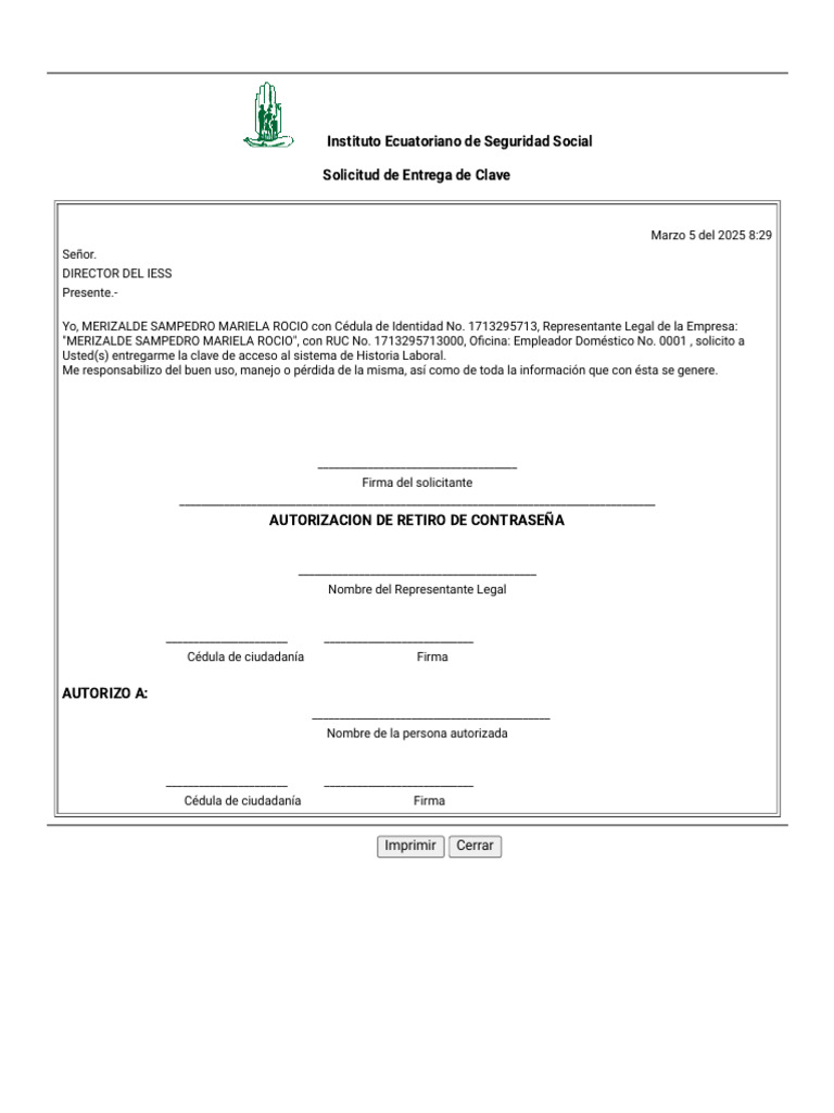 Merizalde Rocío Solicitud de Clave | PDF