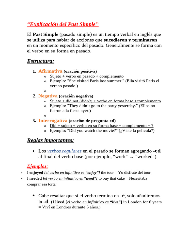 Guía del Past Simple en inglés | PDF | Verbo | Asunto (gramática)