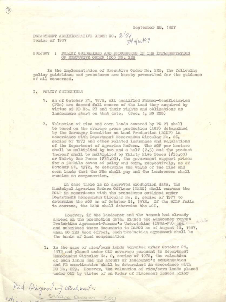 DAR Ao02-87-Policy-Guidelines-And-Procedures-In-The-Implementation-Of-Executive-Order-Eo-No-228 ...
