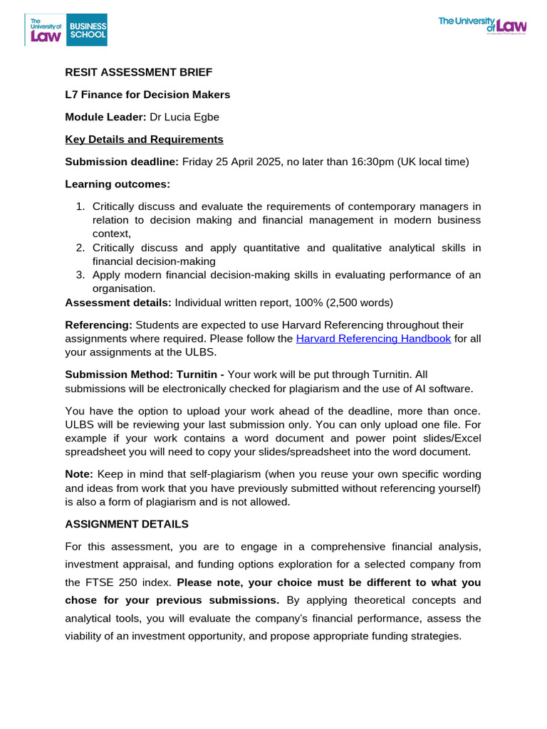Resit Assessment Brief - Finance For Decision Makers | PDF | Net Present Value | Financial Economics