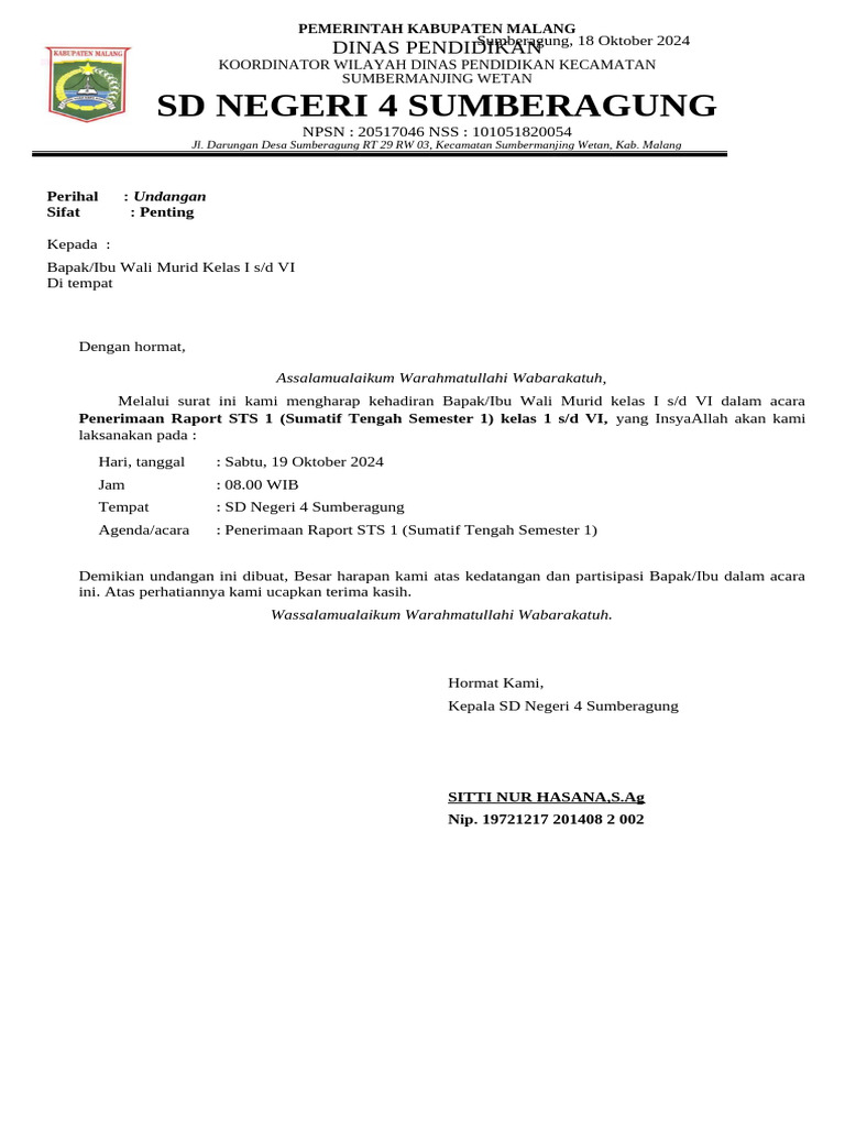 UNDANGAN Penerimaan Raport STS | PDF