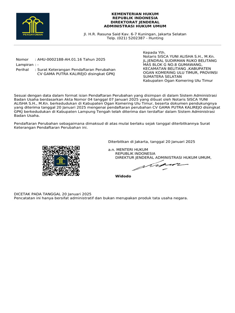 Surat Keterangan Penerimaan Perubahan AHU-0002188-AH.01.16 Tahun 2025 | PDF