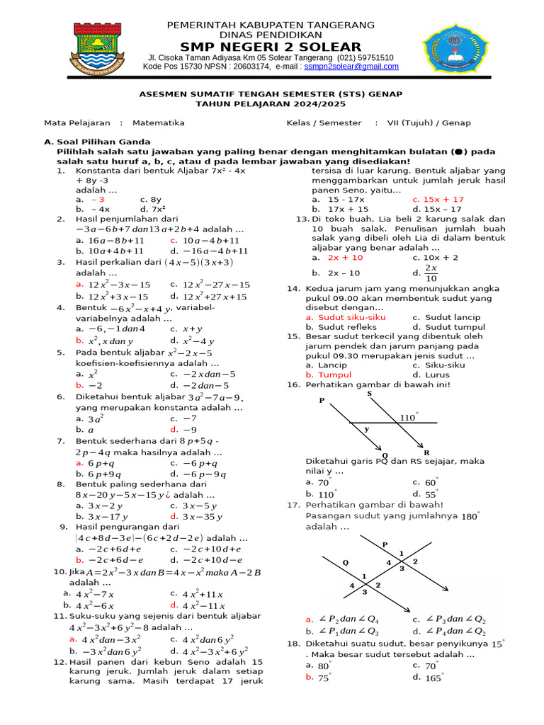 SOAL STS MATEMATIKA KELAS 7 GENAP (Ga ada pembahasan) | PDF