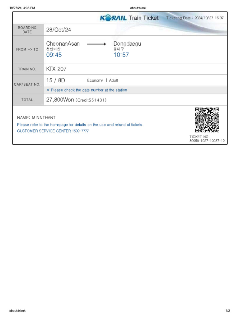 Train-Ticket (Cheonanasan To Dongdaegu) | PDF