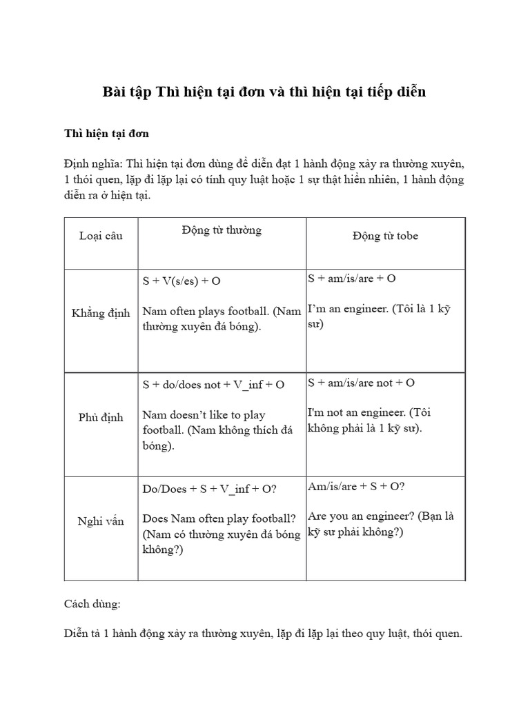 50 Bai Tap Thi Hien Tai Don Va Thi Hien Tai Tiep Dien Co Dap An Chi Tiet | PDF