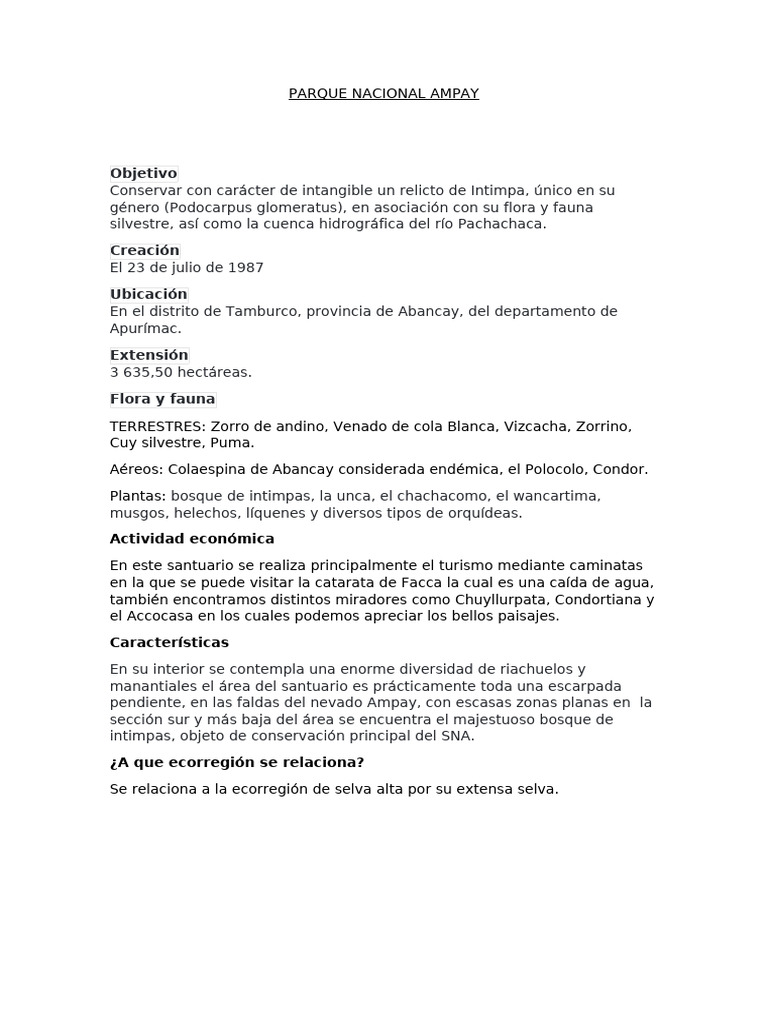 Parque Nacional Ampay: Flora y Fauna | PDF