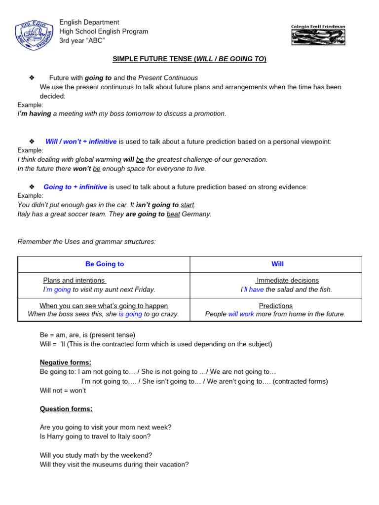 Future Simple (will & be going to) - 3rd year ABC | PDF
