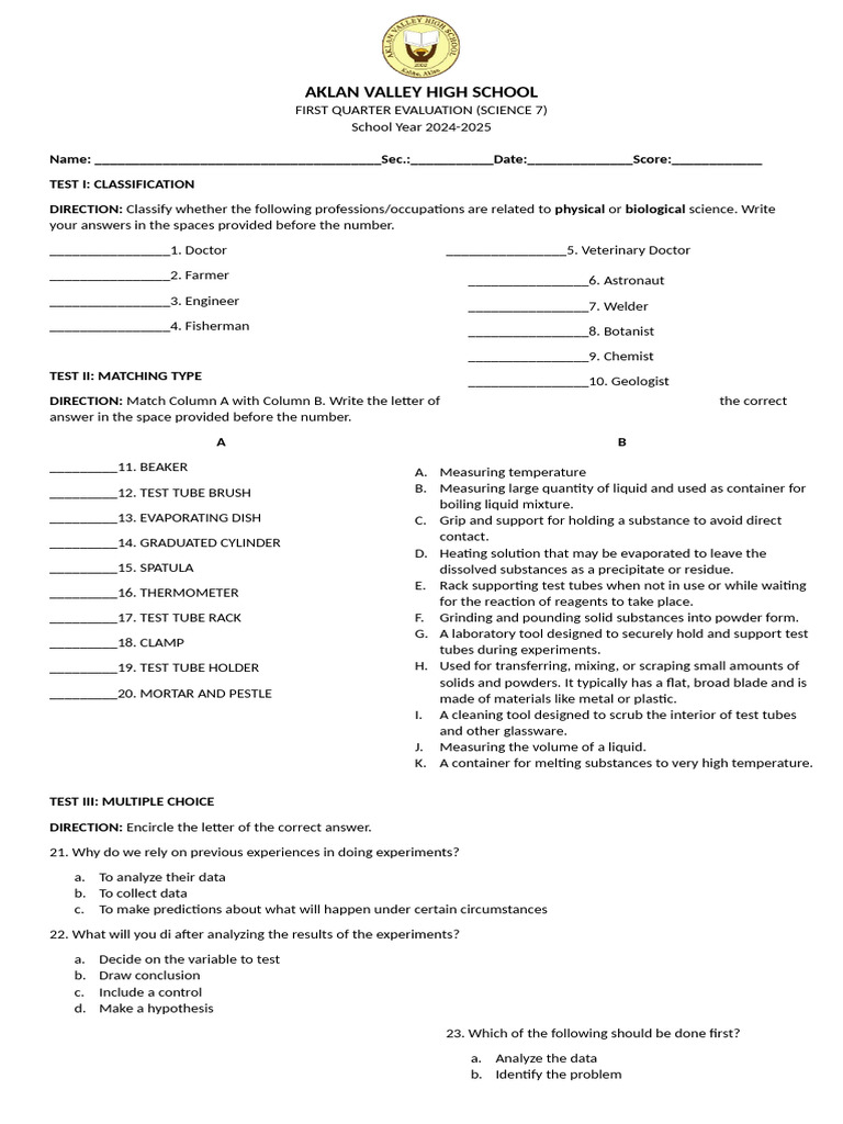 Science 7 First Quarter Evaluation | PDF | Mixture | Solubility