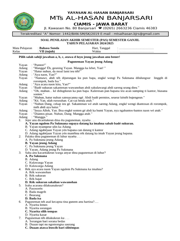 Soal Pas Basun 7 Ganjil 2024-2025 | PDF