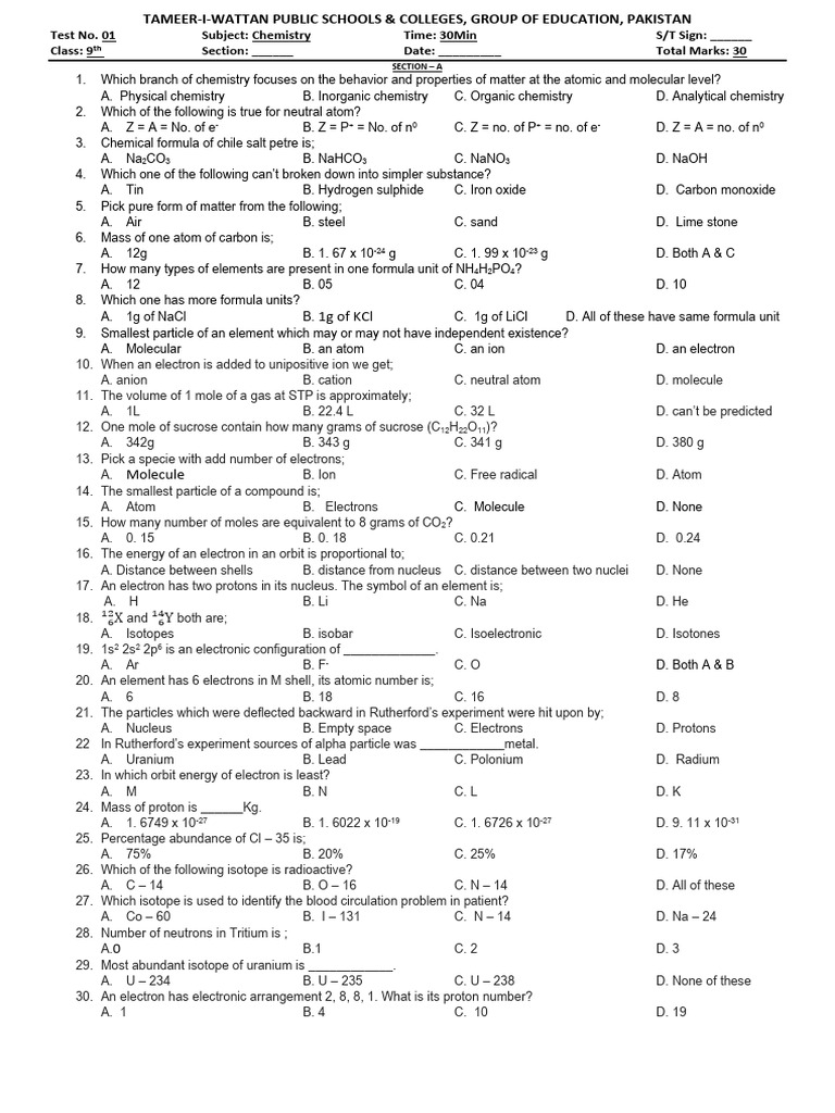 9th Chem Test 1 Pdf Atomic Nucleus Atoms