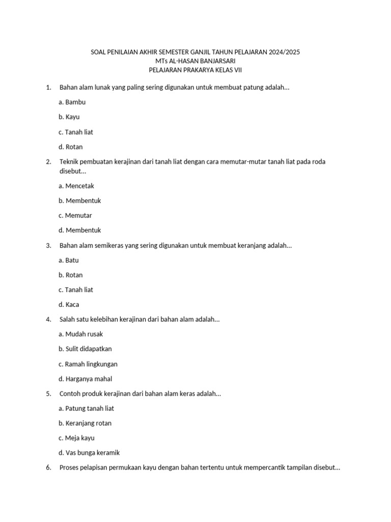 Soal PAS Prakarya Kelas VII | PDF