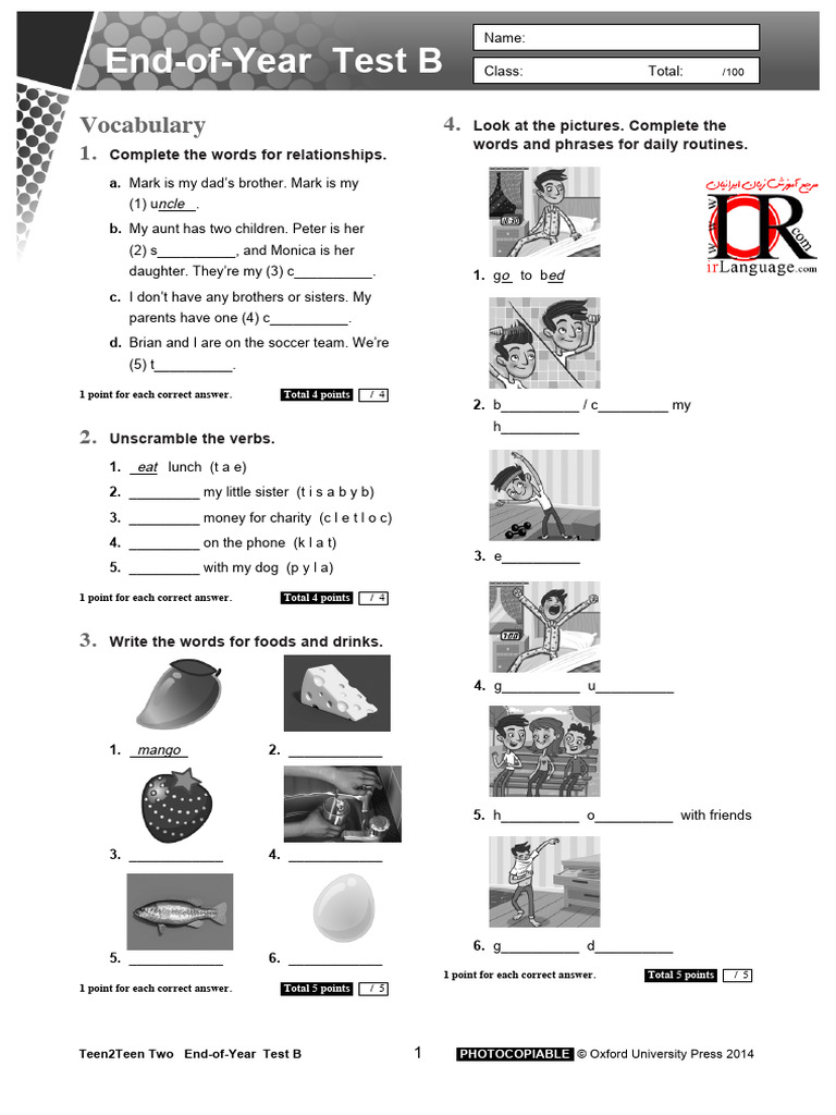 Teen2Teen End-of-Year Test B | PDF | Syntax | Linguistics