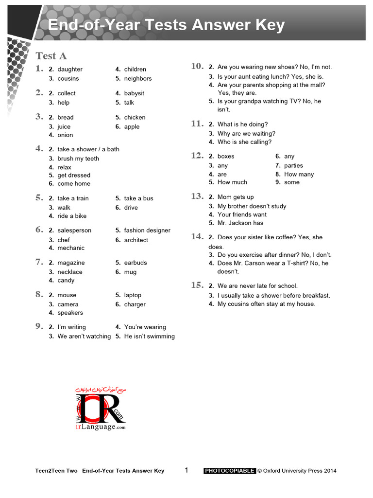 Teen2Teen Two Test Answer Key | PDF