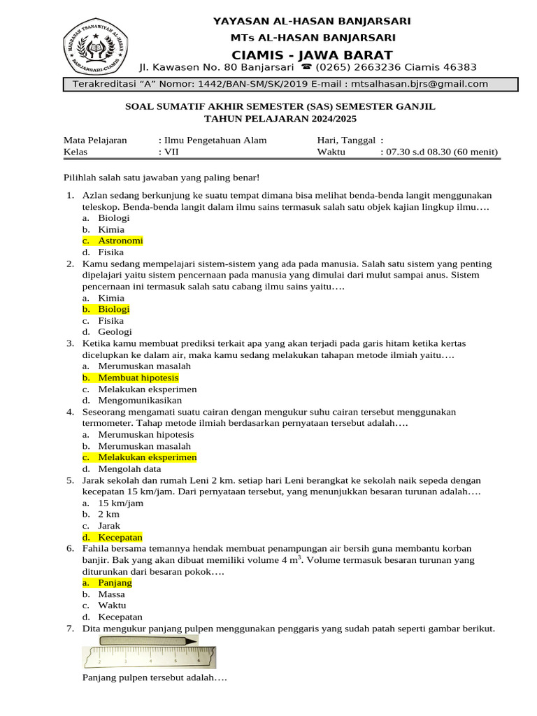 Soal Sas Ipa Kelas 7 Ta 2024-2025 | PDF