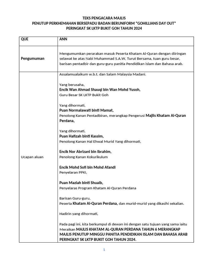 Teks MC Majlis Khatam Quran SKBG 2024 | PDF