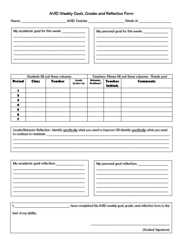 AVID Goals Grades and Reflection Form Student Signature | PDF | Goal ...