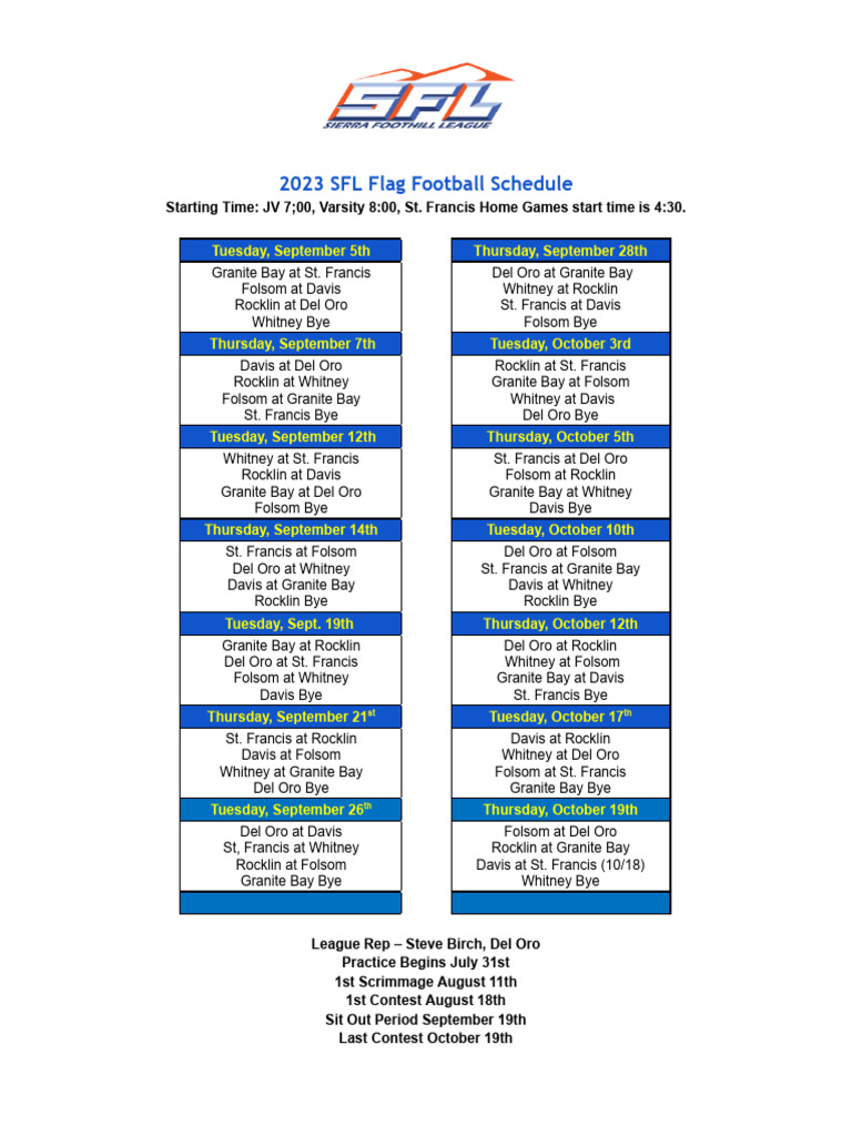 2023 SFL Flag Football Schedule | PDF