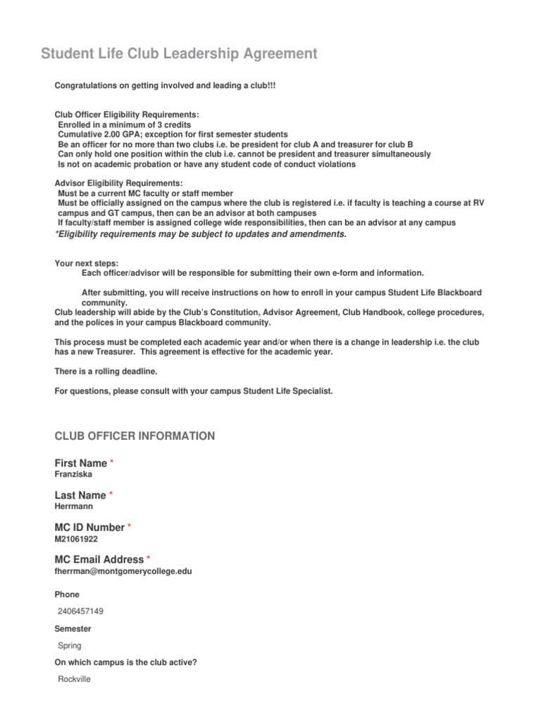 Club Leadership Agreement for Students | PDF | Presidents Of The United ...