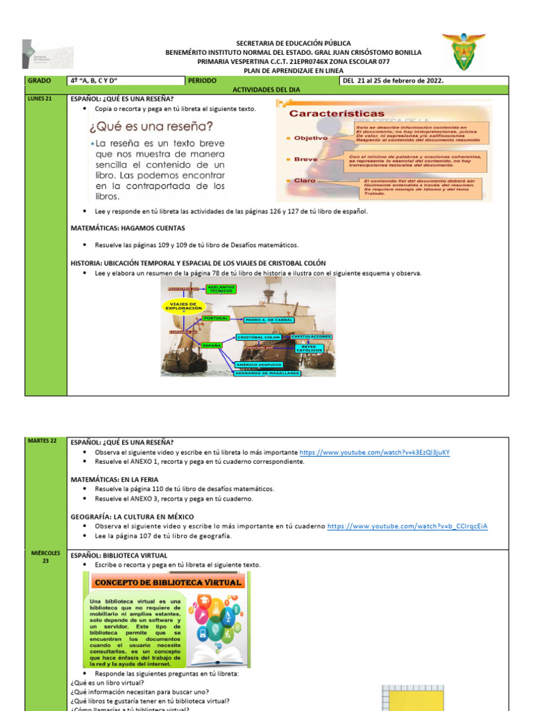PLAN DE ACOMPAÑAMIENTO AL APRENDIENTE DEL 21 AL 25 FEB. 4° A,B,C,D (1 ...