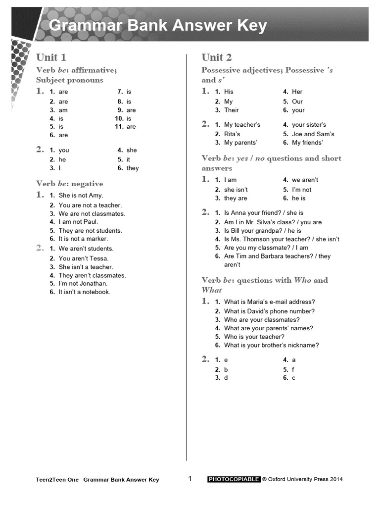 T2T_One_Grammar_Bank_answer_key | PDF | Grandparent | Linguistics