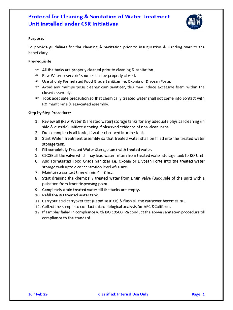 Water Treatment Sanitation Protocol | PDF