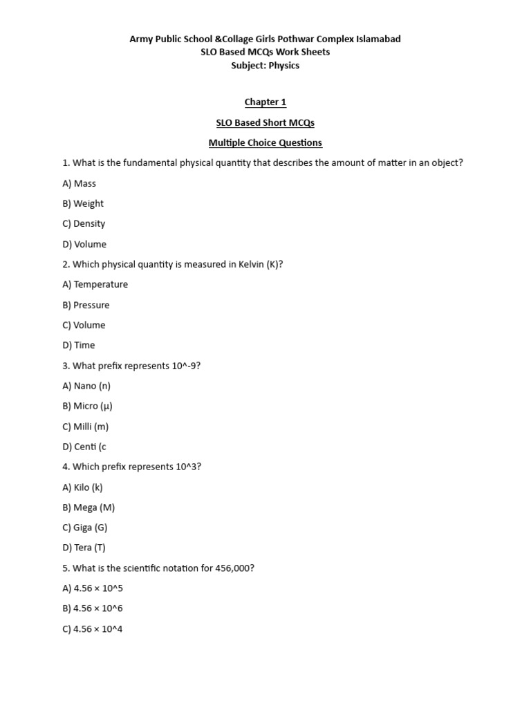 Phy Mcqs Worksheet Class 9th | PDF | Friction | Pressure