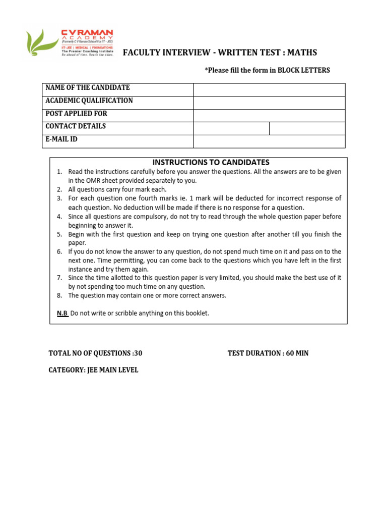 Faculty Maths Interview Test Instructions | PDF | Elementary ...