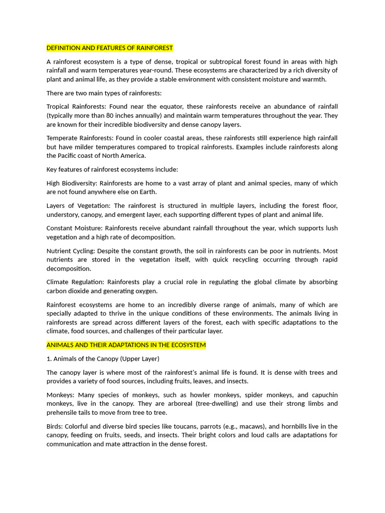 Definition and Features of Rainforest | PDF | Rainforest | Herbivore