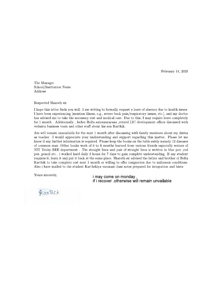 Leave Form To Incharge of Vignan School Campus, D Block Vedantu - Sharath Sir | PDF