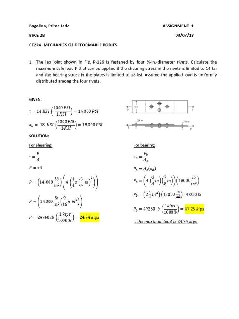 Assignment 1 Mechanics | PDF | Rivet | Stress (Mechanics)