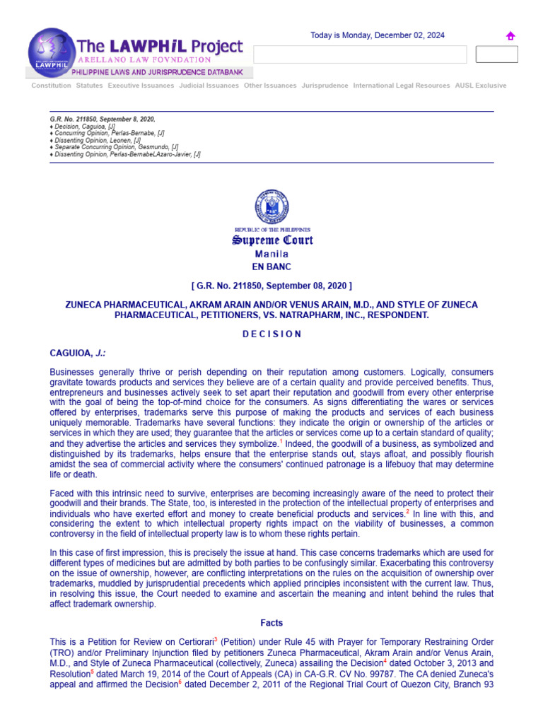 G.R. No. 211850 Zuneca V Natrapharm | PDF | Trademark | Trademark ...
