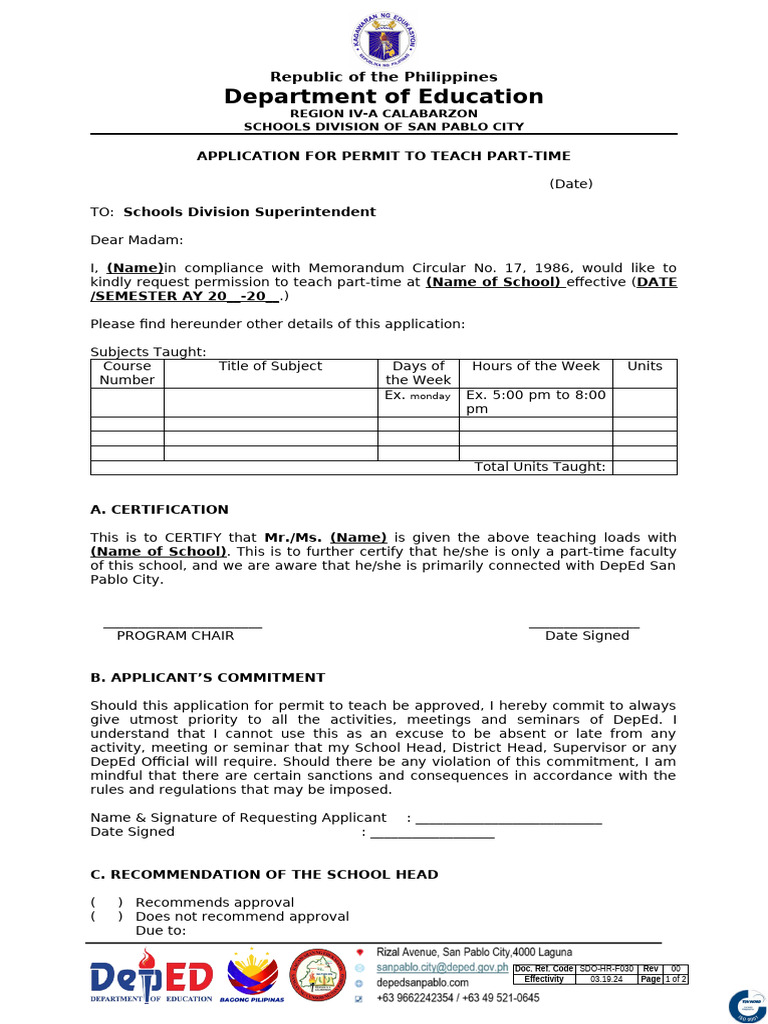 Part-Time Teaching Permit Application | PDF | Justice | Crime & Violence