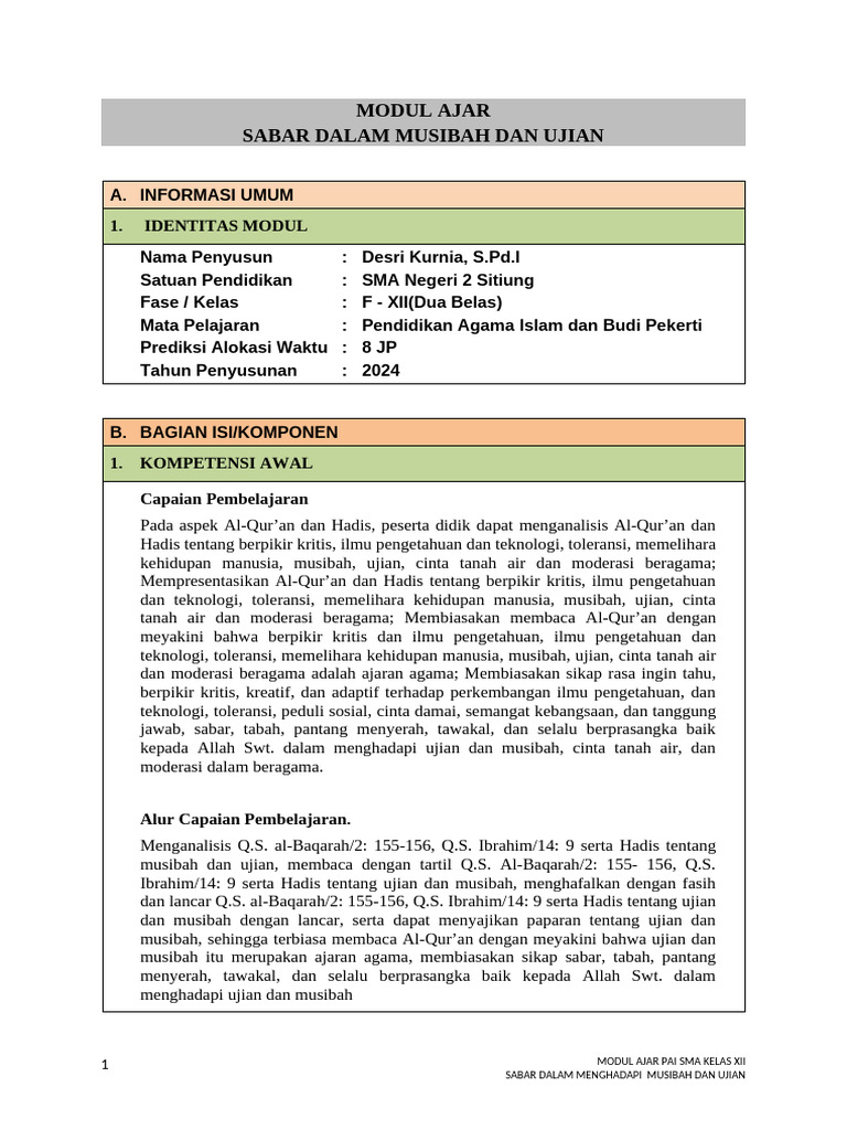 Modul Ajar BAB 1 Sabar Dalam Musibah Dan Ujian | PDF