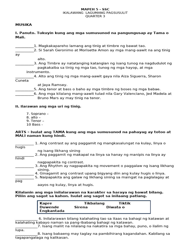 Mapeh 5 Q3 ST1 | PDF
