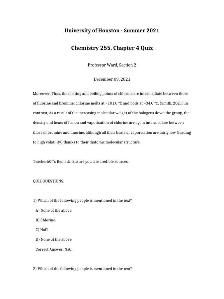 Chemistry 255 Chapter 4 Quiz | PDF