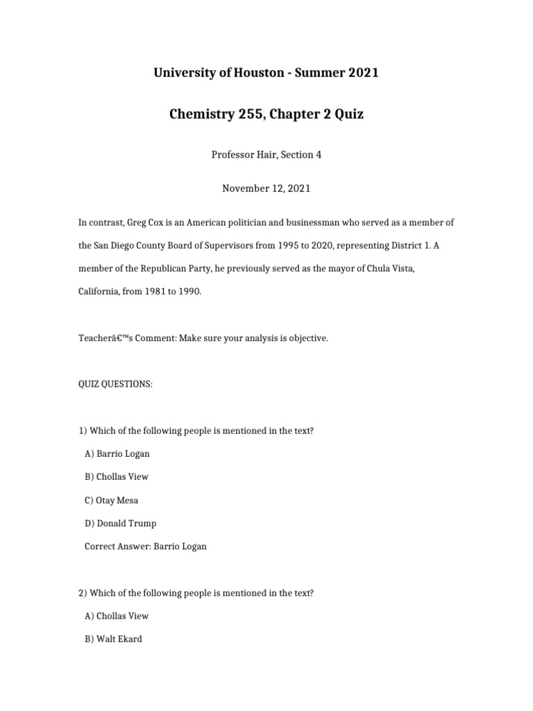 Chemistry 255 Chapter 2 Quiz | PDF