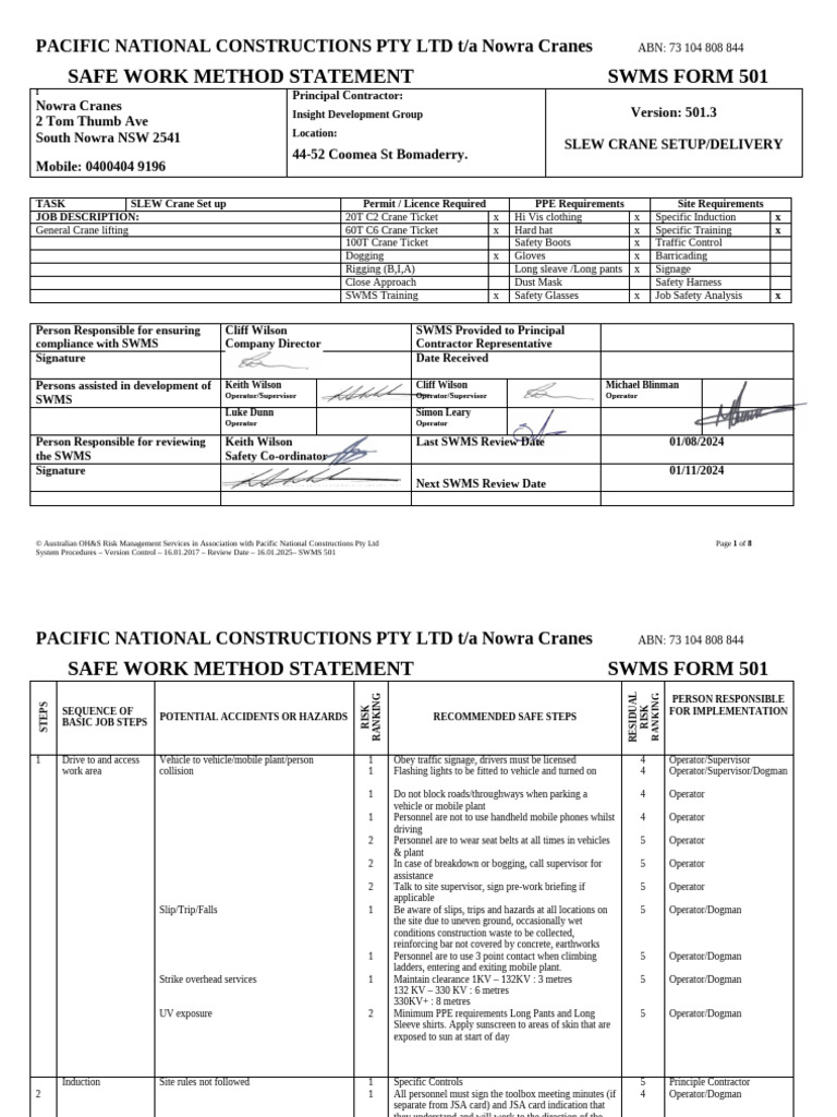 General 501.3 SWMS - Slew 2018 Rev1 | PDF | Crane (Machine) | Traffic