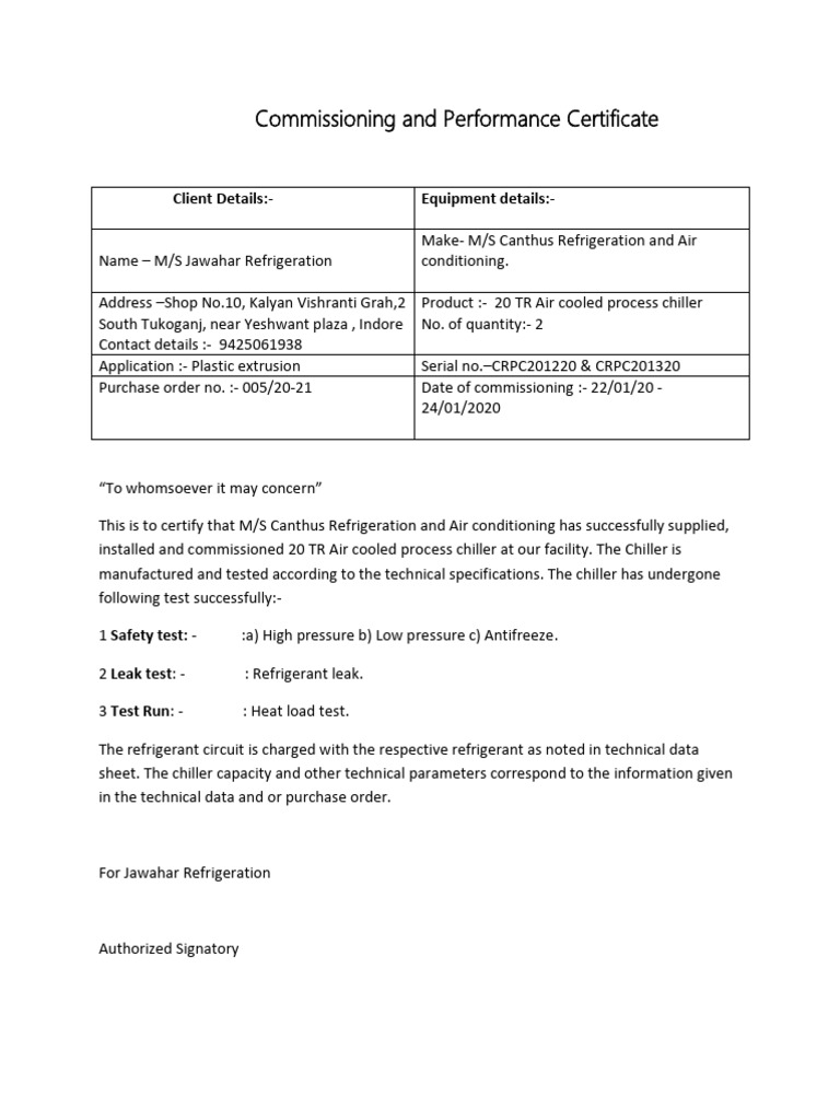 Commissioning Certificate for Air Chillers | PDF