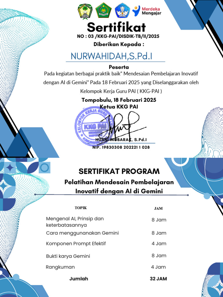 Sertifikat KKG Pai FebNURWAHIDAH | PDF