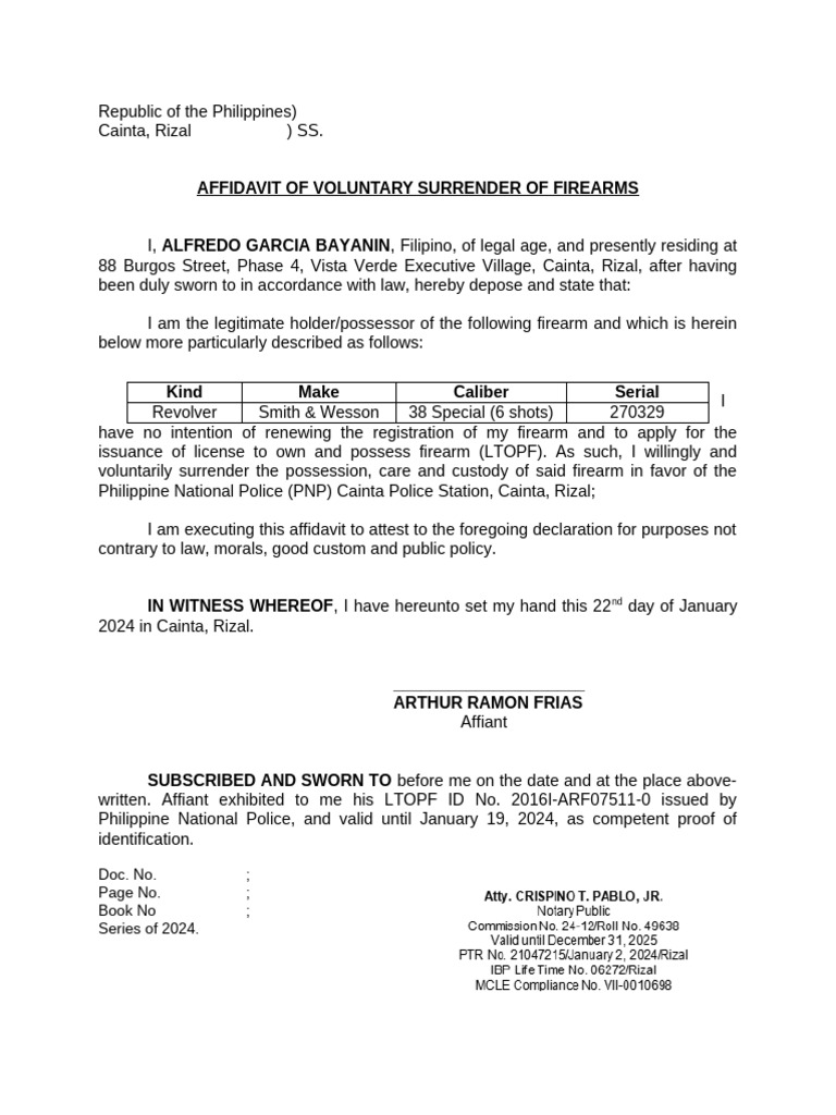 VOLUNTARY SURRENDER-FIREARMS-ALFREDO GARCIA BAYANIN (2024) | PDF