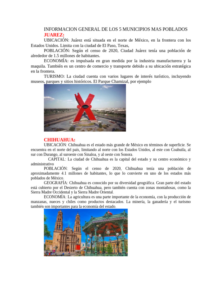 INFORMACION GENERAL DE LOS 5 MUNICIPIOS MAS POBLADOS (Resumido) | PDF ...
