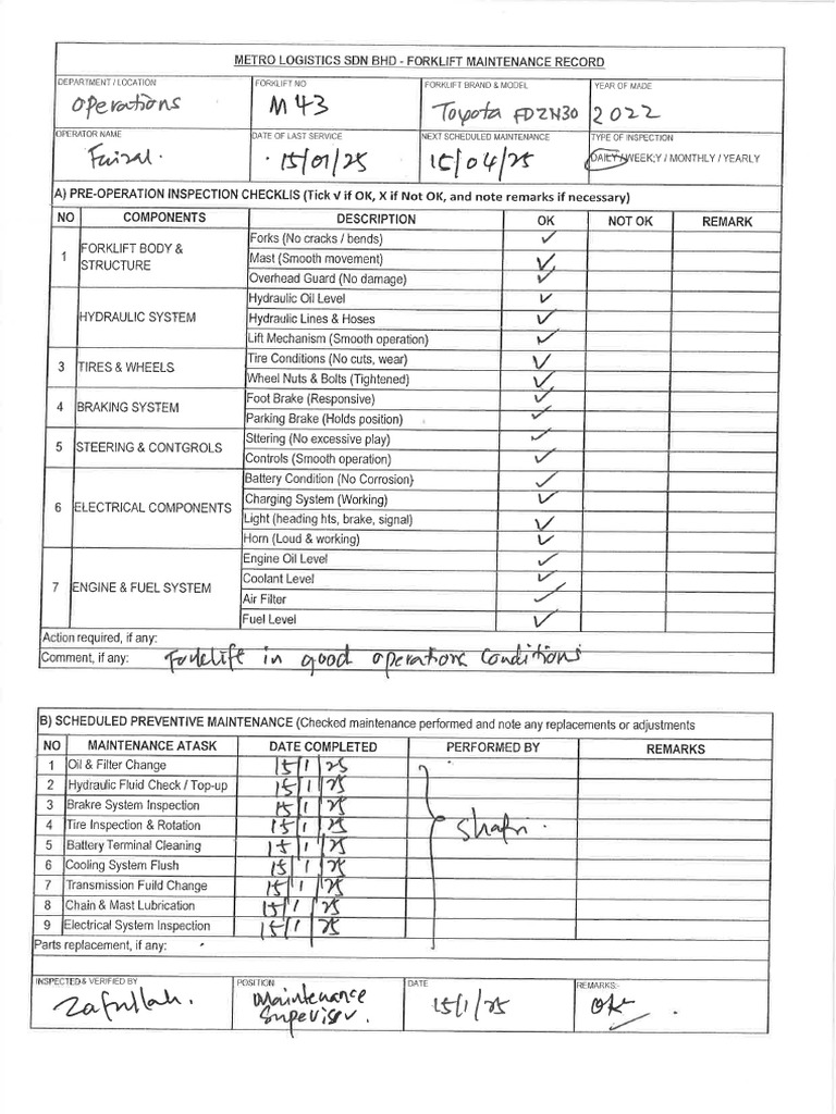 Forklift Maintenance Record | PDF