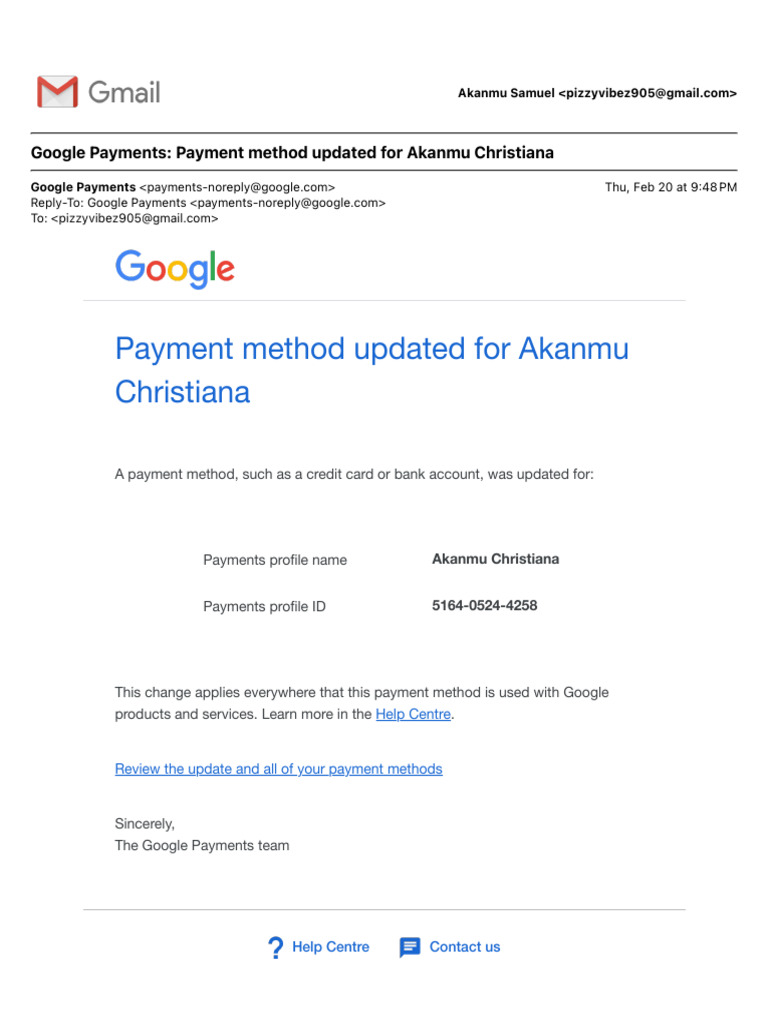 Google Payments - Payment Method Updated For Akanmu Christiana | PDF