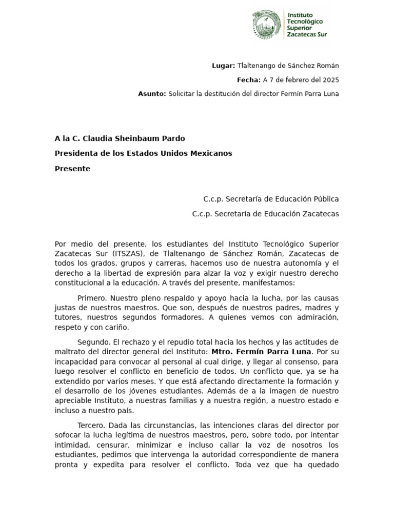 Estudiantes piden destitución de director ITSZAS | PDF