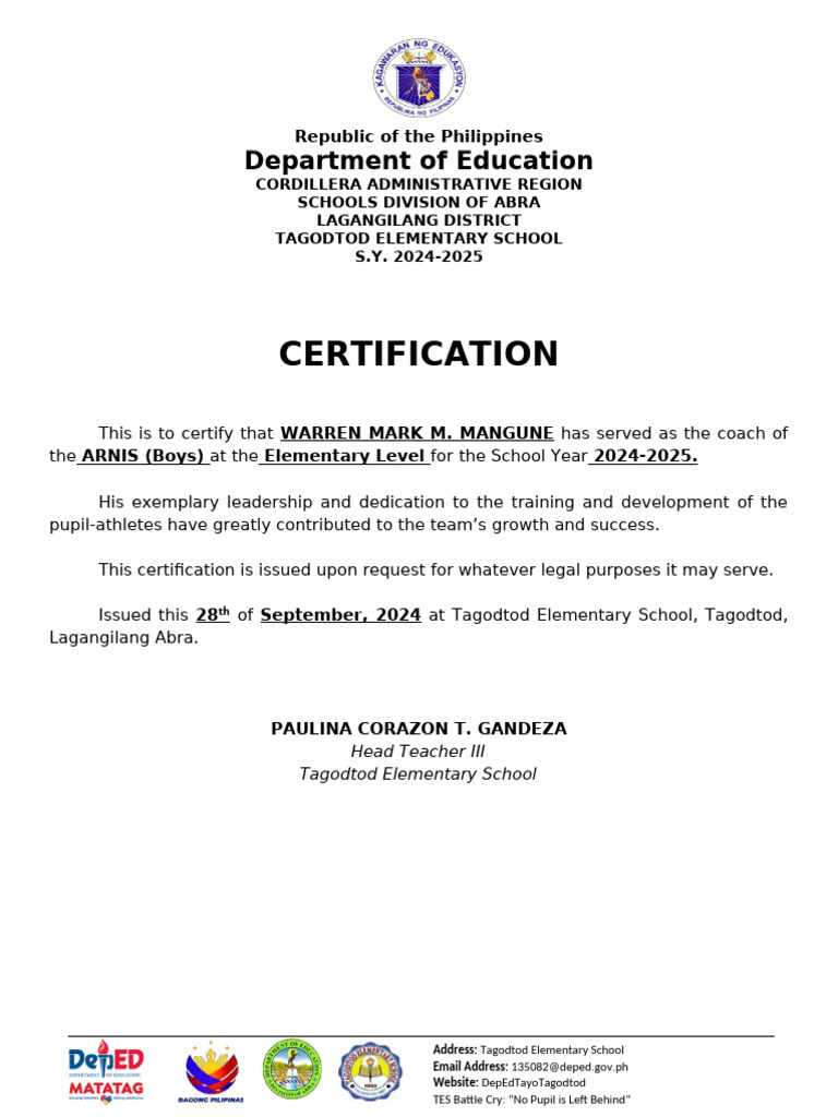Certification of Coach Warren Mark M. Mangune | PDF